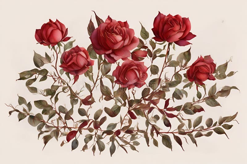 Watercolor Dark Red Rose Branch Stock Illustration - Illustration of ...