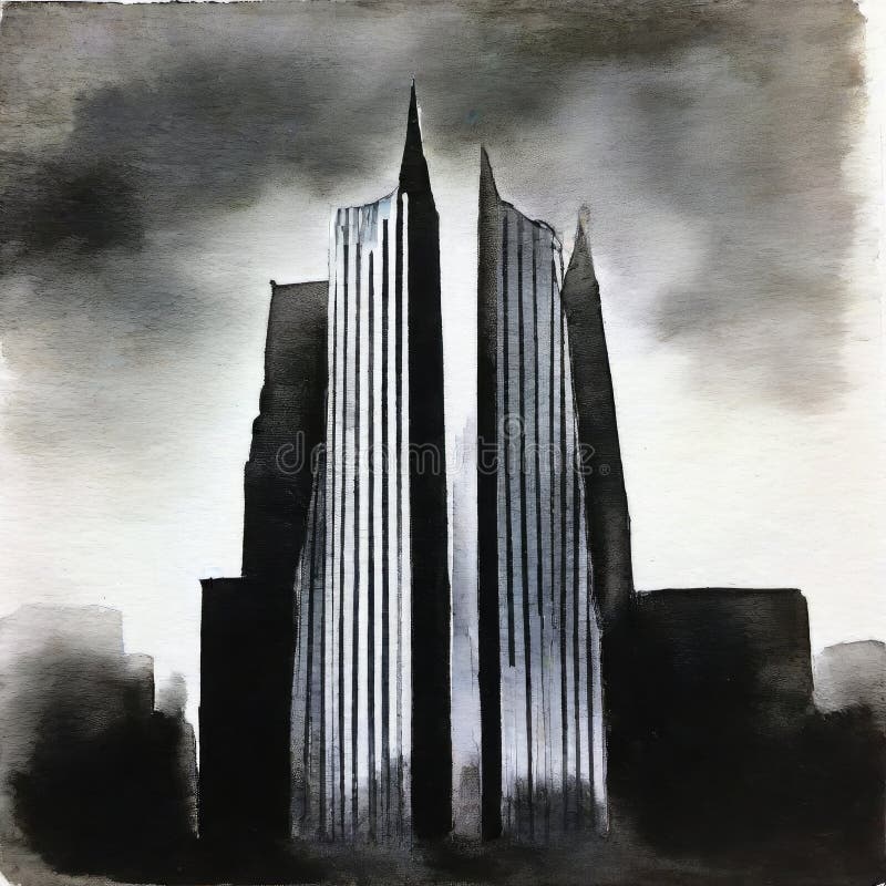 Watercolor of Dark Skyscraper Front with Menacing Appearance on a Black ...