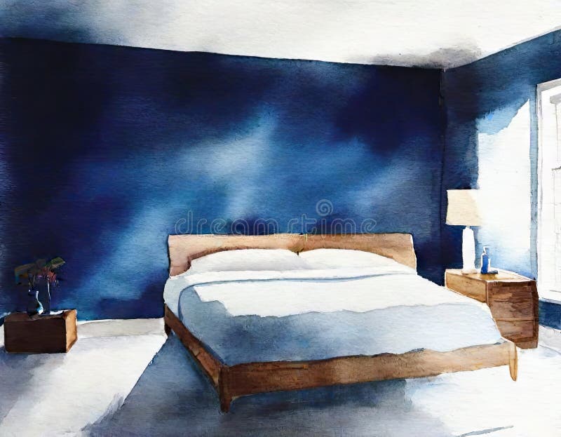 Watercolor of Deep Blue Bedroom with Bed Covered in Linen Wall Mock ...