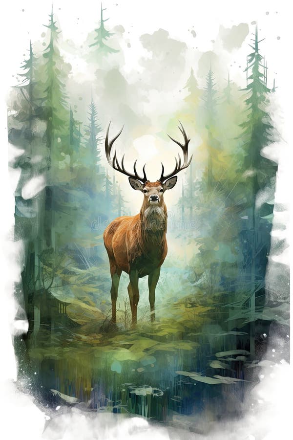 Watercolor Deer in the Forest Abstract Painting or Tshirt Design, AI ...
