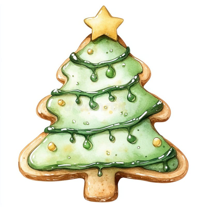 Watercolor Delightful Gingerbread Tree with Green Icing and Star on Top ...