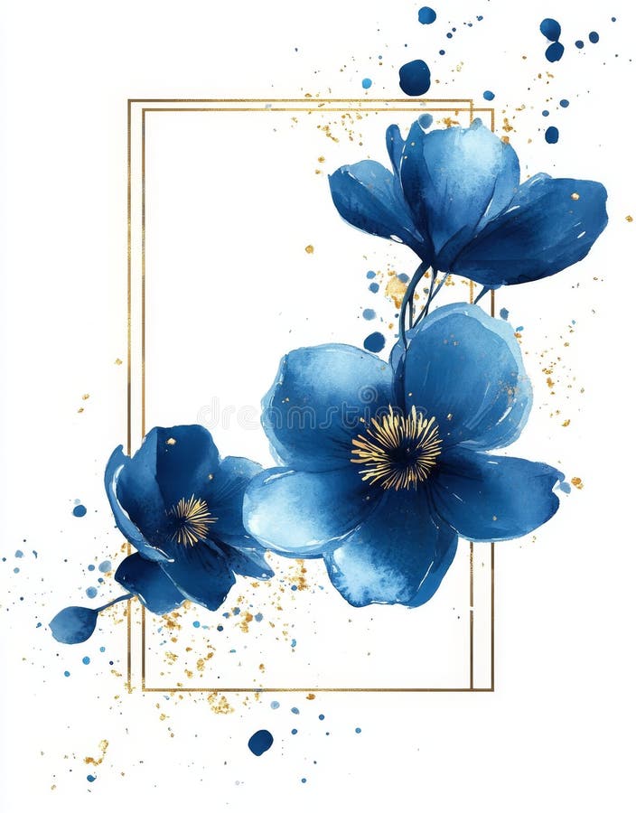 A Watercolor Depiction of Blue Flowers, Enclosed in a Rectangular Frame ...