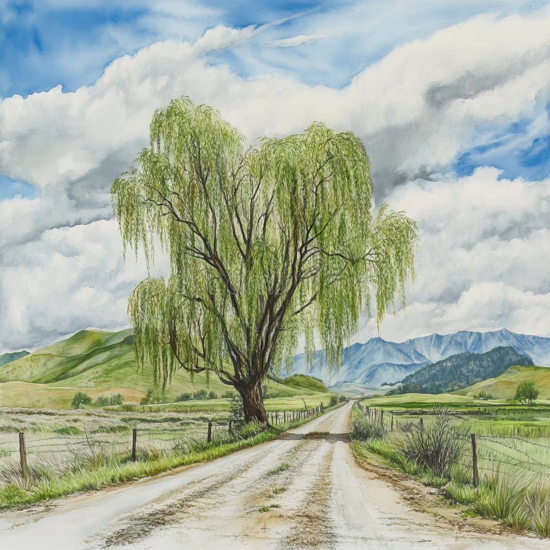 A Watercolor Depiction of a Large Willow Tree with Branches that Extend ...