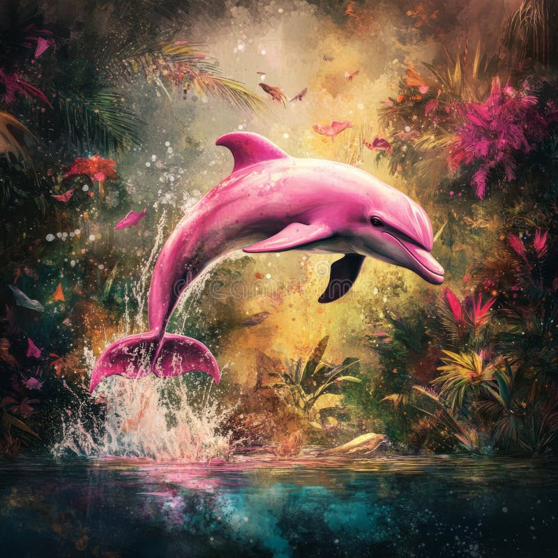 A Watercolor Depiction of a Pink River Dolphin Jumping Out of the ...
