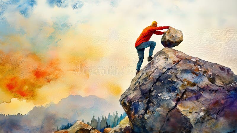 A Watercolor Depiction of Sisyphus Pushing a Massive Boulder Up a Hill ...