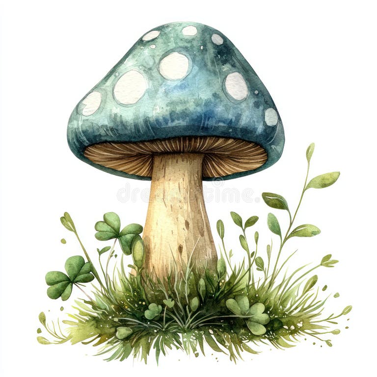 Watercolor Depiction of Toadstool Mushroom with Clovers and Grass Stock ...