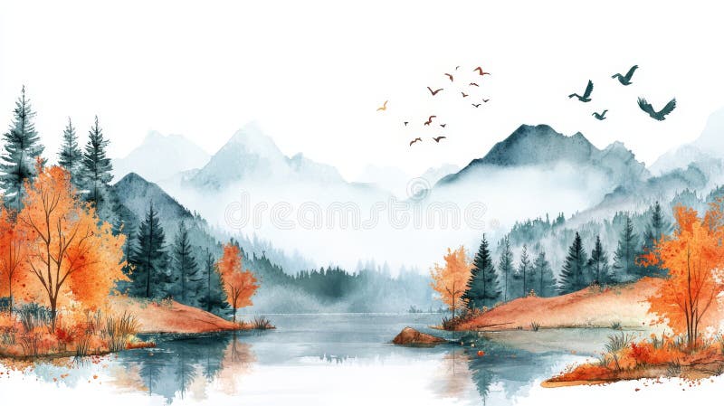 This Watercolor Depicts a Stunning Autumn Scene Stock Image - Image of ...