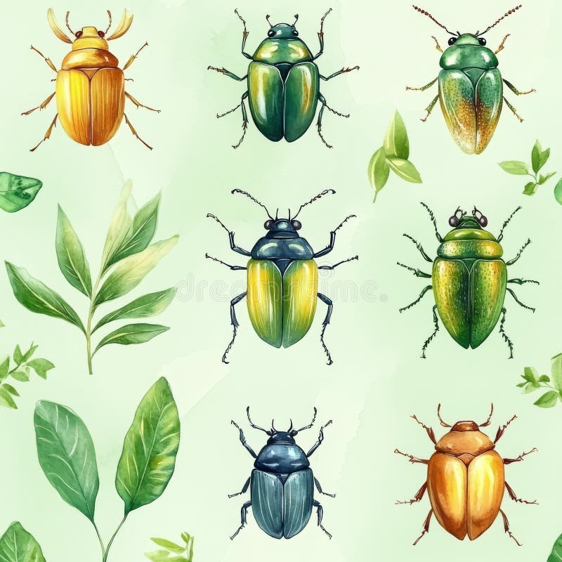 Watercolor Design Featuring a Seamless Pattern of Beetles, Insects, and ...