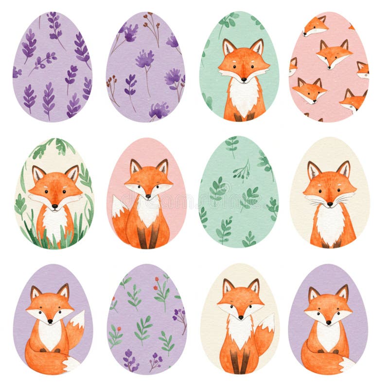 Watercolor Designs on Egg-shaped Backgrounds Feature Cute, Stylized Fox ...