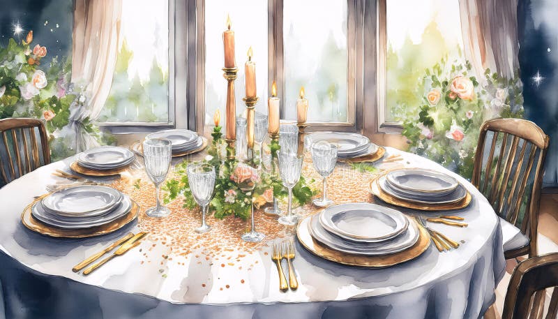 Watercolor of a Dining Table Set for a Celebration, Exuding Elegance ...