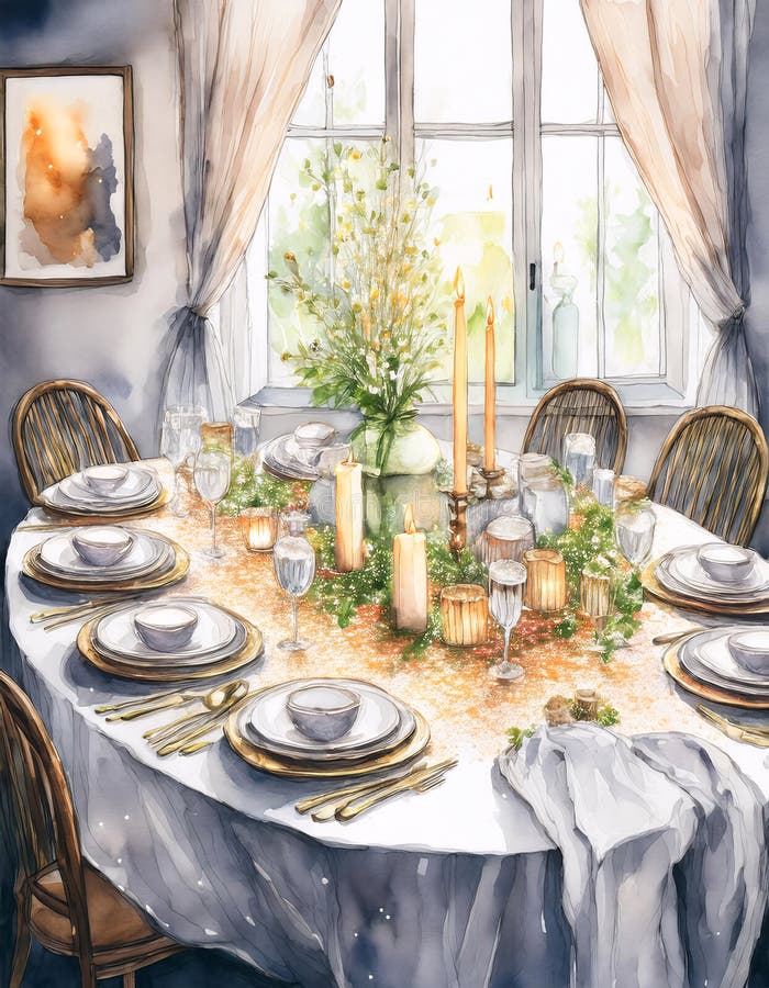 Watercolor of a Dining Table Set for a Celebration, Exuding Elegance ...