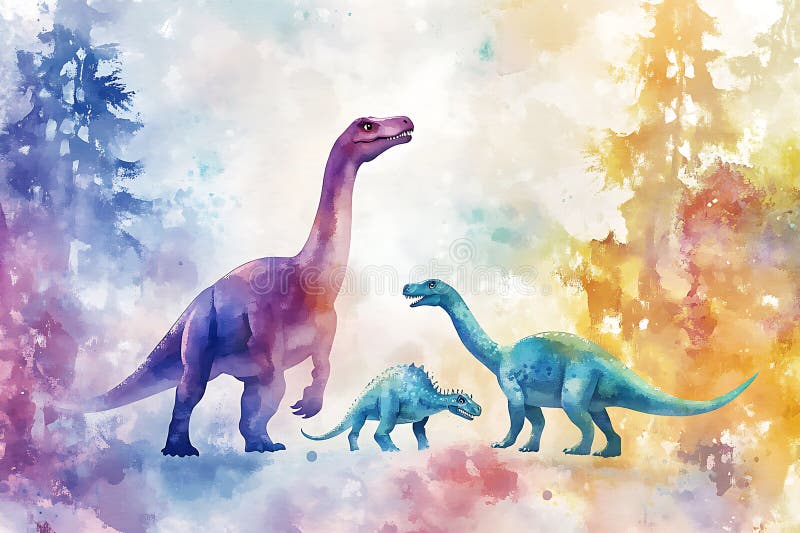 Watercolor Dinosaurs in Colorful Forest Stock Illustration ...