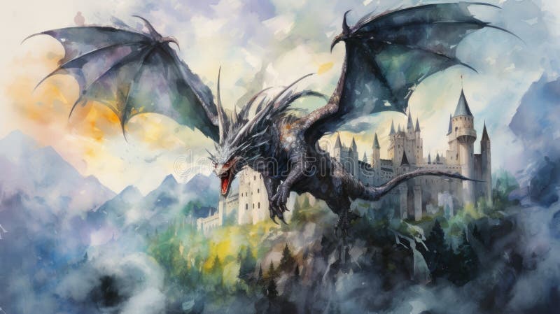 Watercolor Dragon Attacks Castle AI Generated Stock Illustration ...