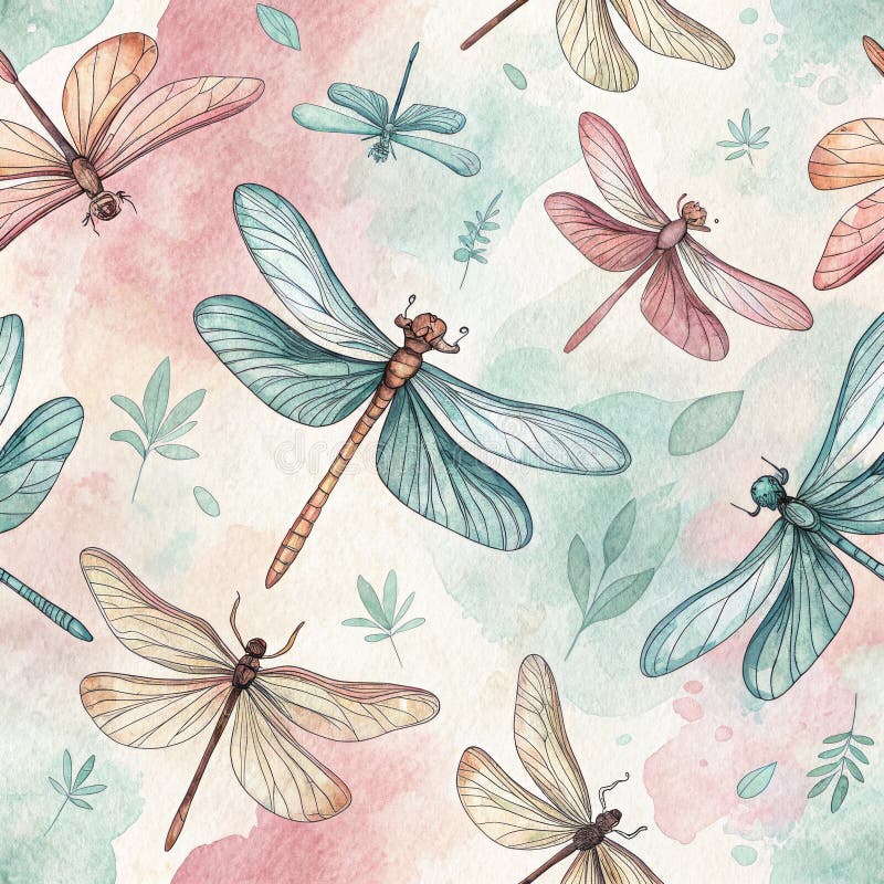 Watercolor Dragonfly Pattern with Whimsical Pastel Colors and Leaves ...