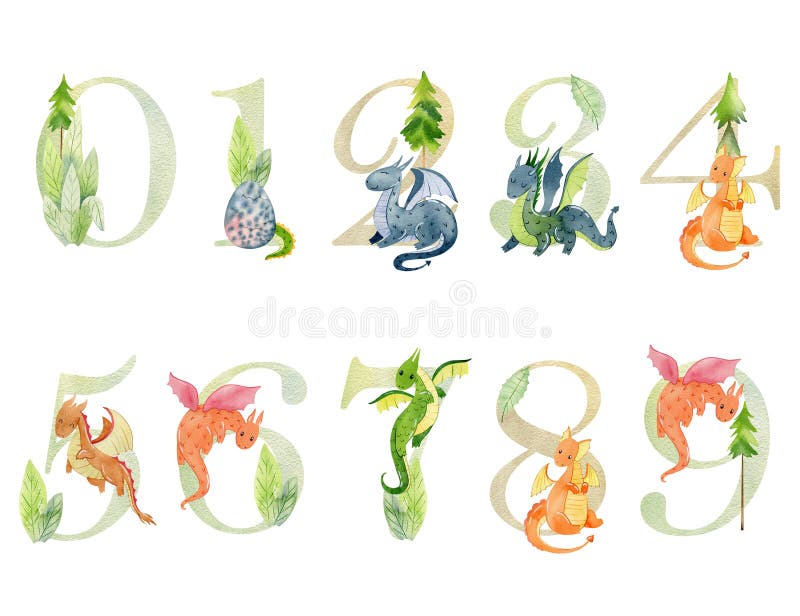 Watercolor Dragons Numbers. Stock Photo - Image of nursery, design ...
