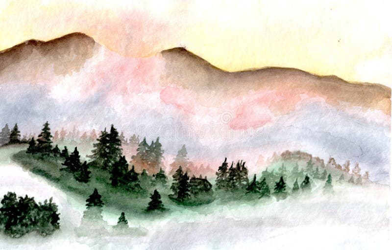 Watercolor Drawing Abstract Landscape Sky and Mountains Stock ...