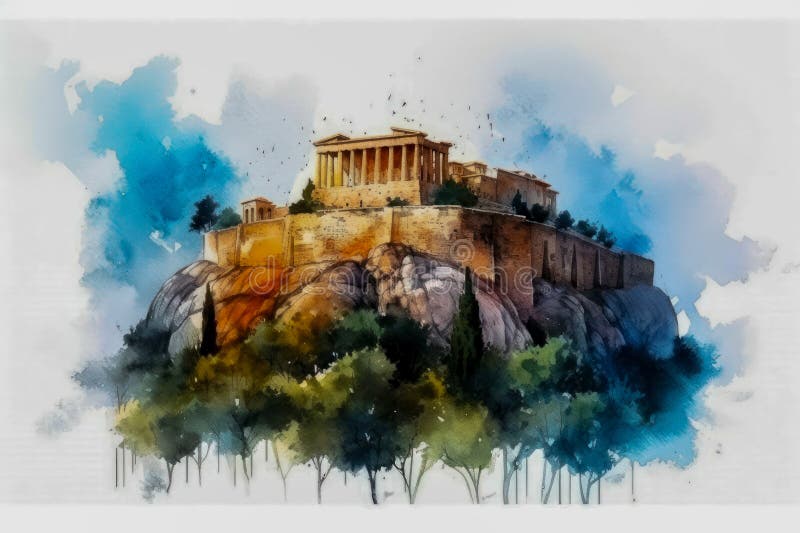 Watercolor Drawing of the Acropolis of Athens. Stock Illustration ...