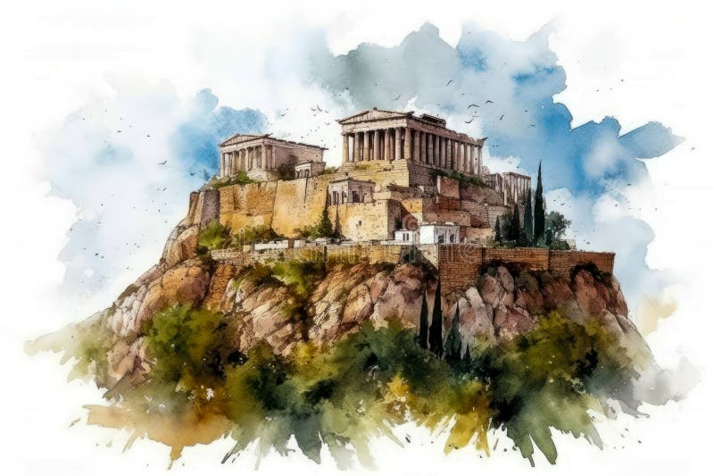 Watercolor Drawing of the Acropolis of Athens. Stock Illustration ...
