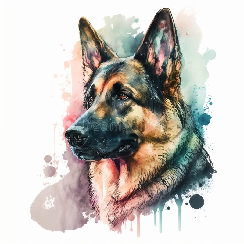 Watercolor Drawing of an Alert and Curious German Shepherd, Ai ...