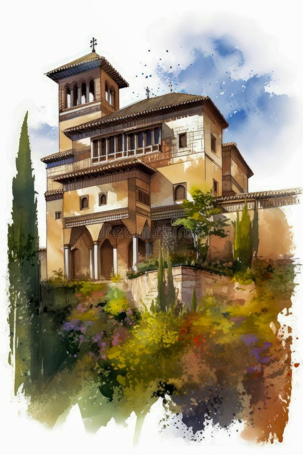 Watercolor Drawing of the Alhambra in Granada. Stock Illustration ...