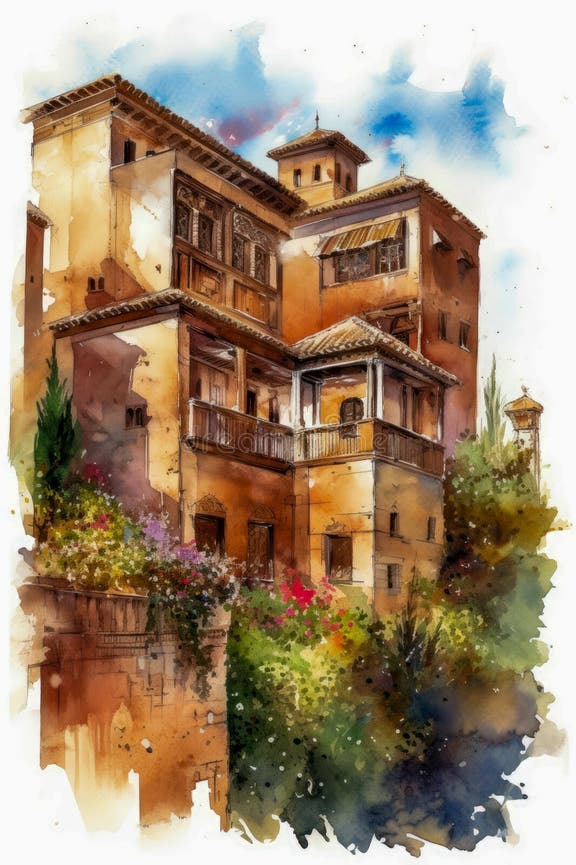 Watercolor Drawing of the Alhambra in Granada. Stock Illustration ...