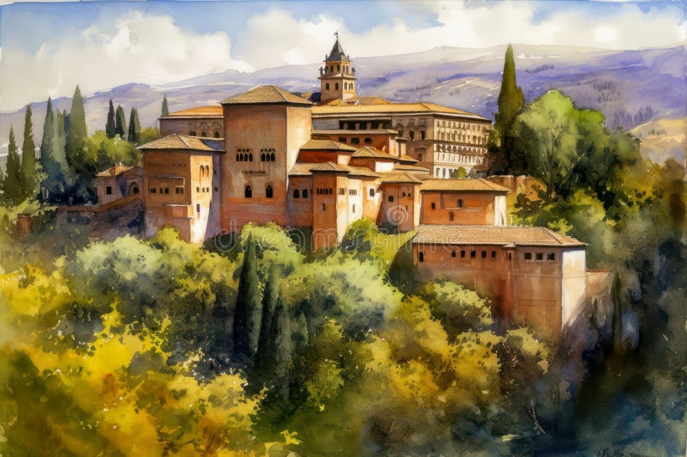 Watercolor Drawing of the Alhambra in Granada. Stock Illustration ...