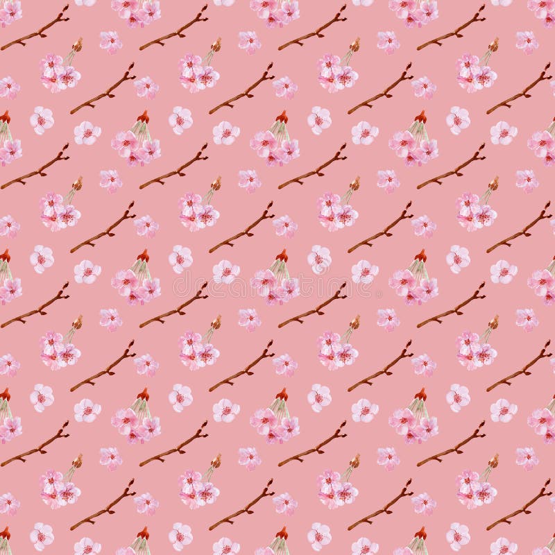 Watercolor Seamless Pattern Drawing with Branches and Cherry Blossoms ...