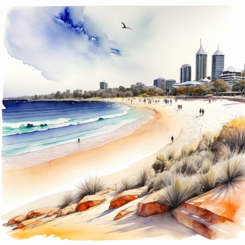 Watercolor Drawing of the Beach in Perth Australia Stock Illustration ...