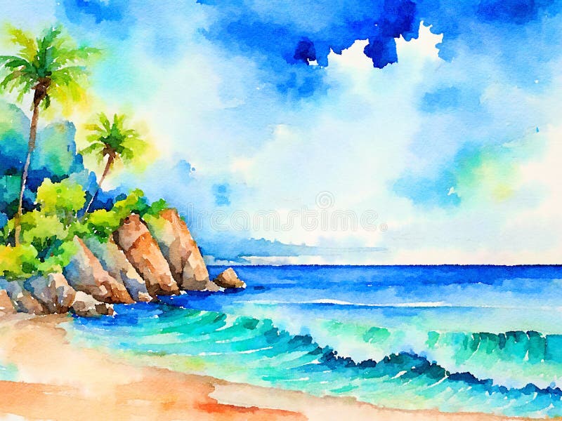 Watercolor Drawing of a Beach in the Sea Stock Illustration ...