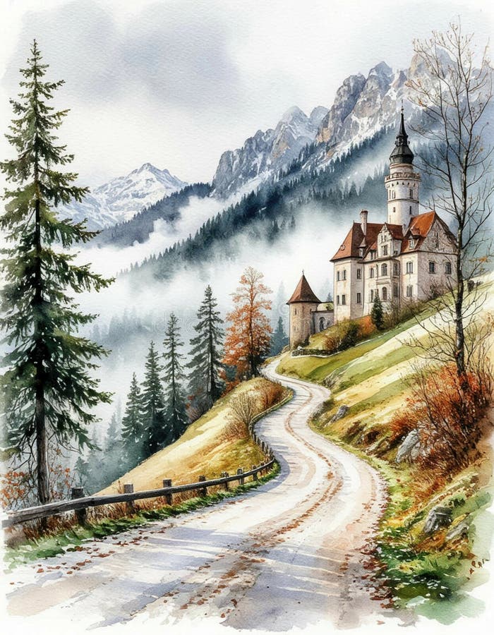 Watercolor Drawing of a Beautiful Old Castle. Stock Illustration ...