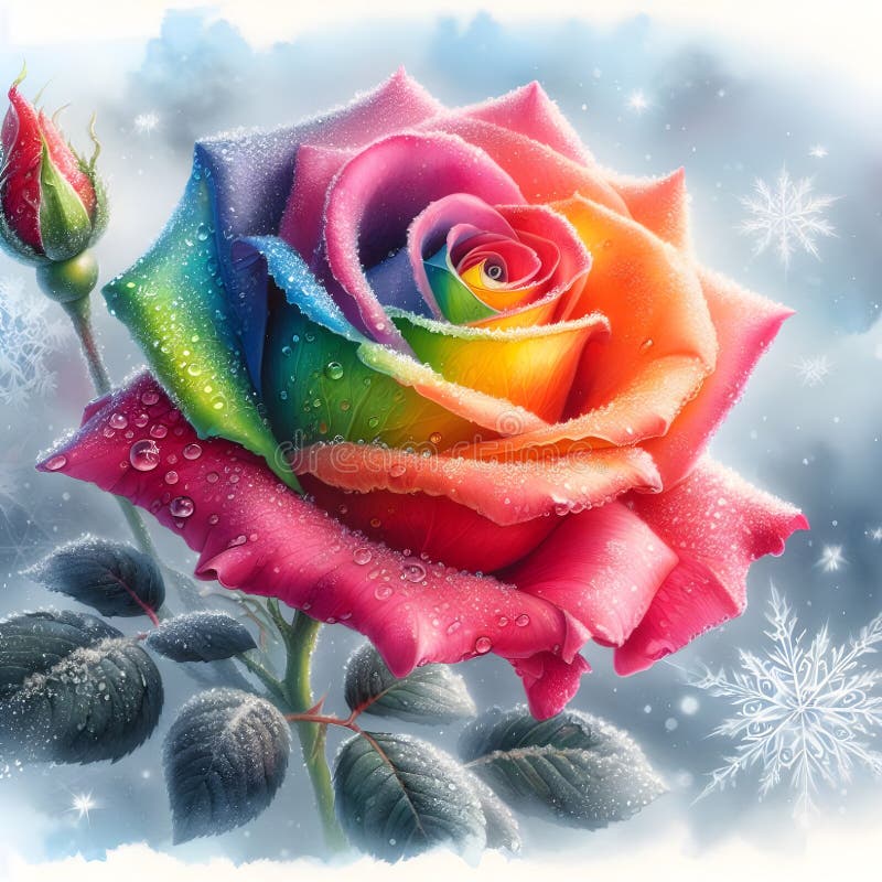Watercolor Drawing of Beautiful Rainbow Rose, on a Wintry Background ...