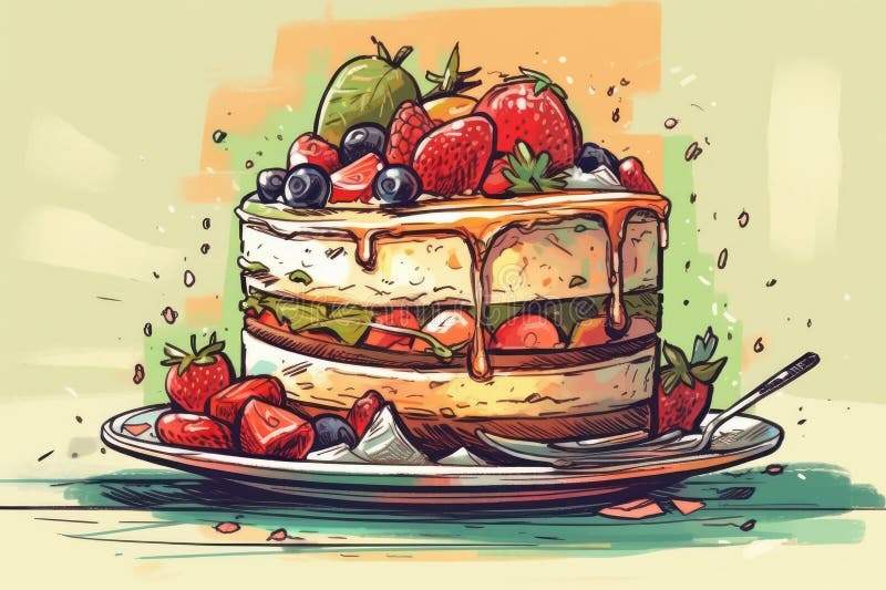 Watercolor Drawing of a Cake. Stock Illustration - Illustration of ...