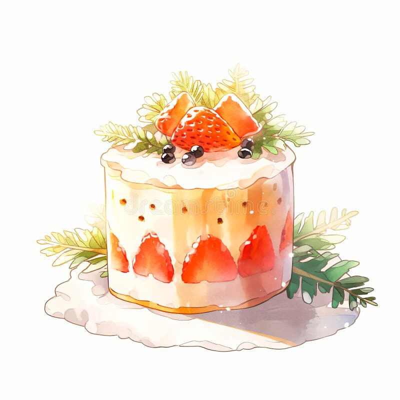 A Watercolor Drawing of a Cake on a Plate Stock Photo - Image of ...