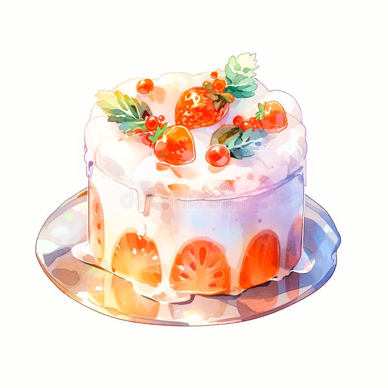 A Watercolor Drawing of a Cake on a Plate Stock Image - Image of ...