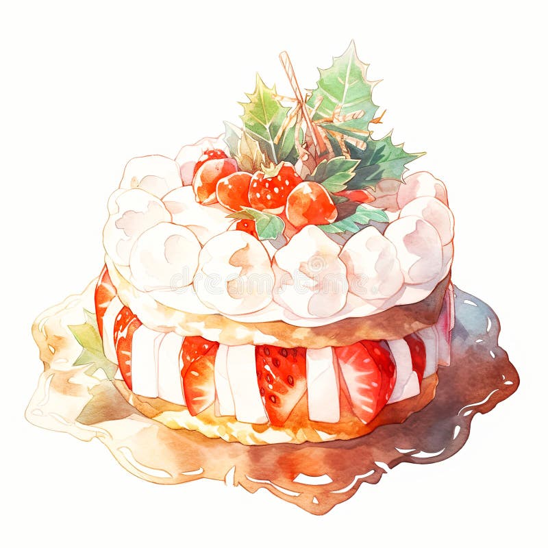 A Watercolor Drawing of a Cake on a Plate Stock Photo - Image of ...