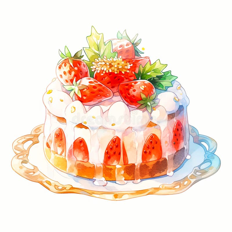 A Watercolor Drawing of a Cake on a Plate Stock Photo - Image of ...