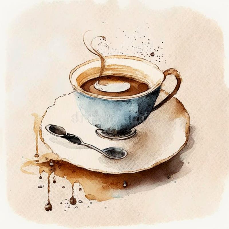 Watercolor Drawing Ceramic Cup of Hot Coffee with Milk or Cappuccino ...