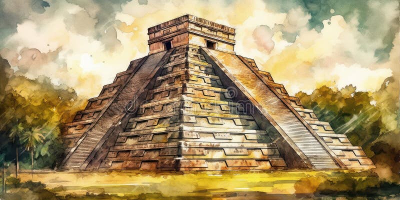 Watercolor Drawing of the Chichen Itza Monument of the Mayans. Stock ...