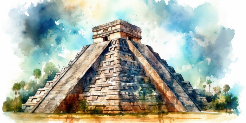 Watercolor Drawing of the Chichen Itza Monument of the Mayans. Stock ...