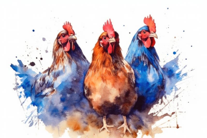 Watercolor Drawing Chickens Walking Around the Farm Yard Stock ...