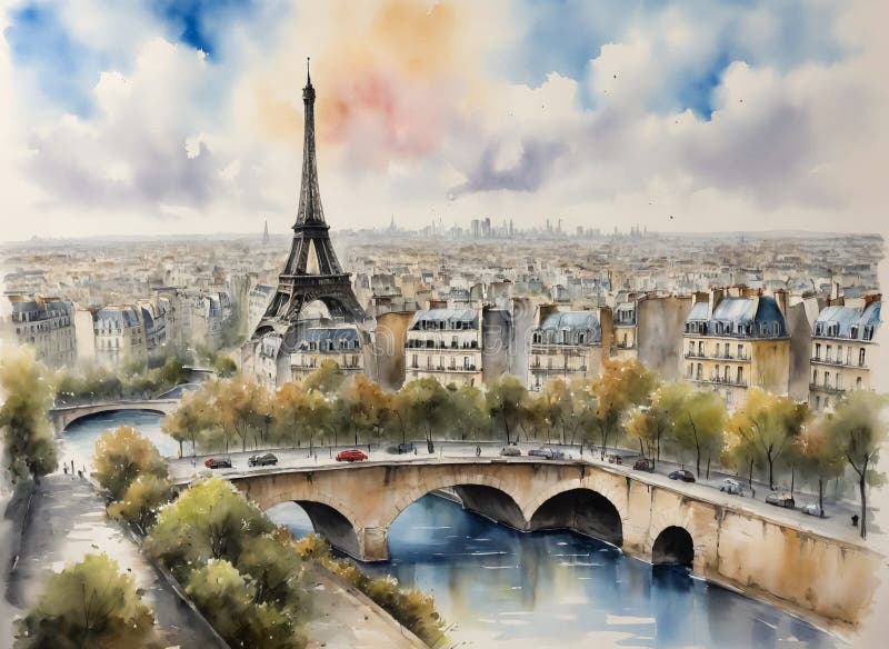 Watercolor Drawing of the City of Paris Stock Illustration ...