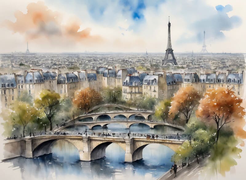 Watercolor Drawing of the City of Paris Stock Illustration ...