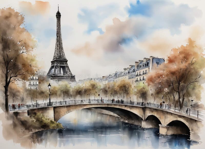 Watercolor Drawing of the City of Paris Stock Illustration ...