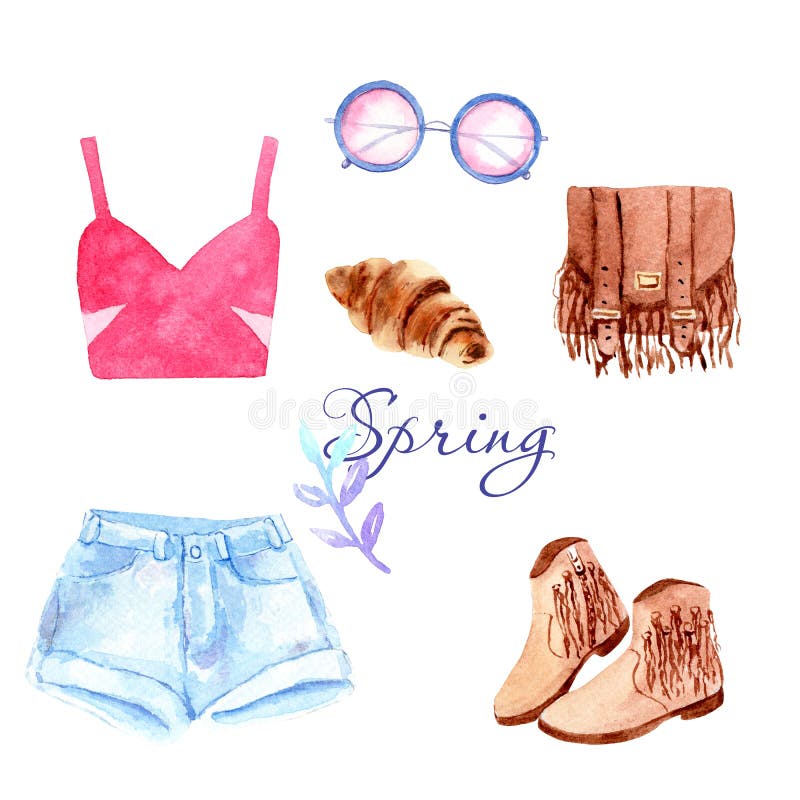 Watercolor Drawing of Clothes - Set for Spring Wardrobe Stock ...