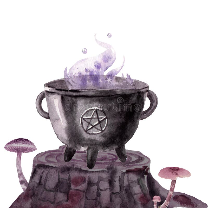 Watercolor Drawing - Composition of a Magic Pot on a Stump with ...