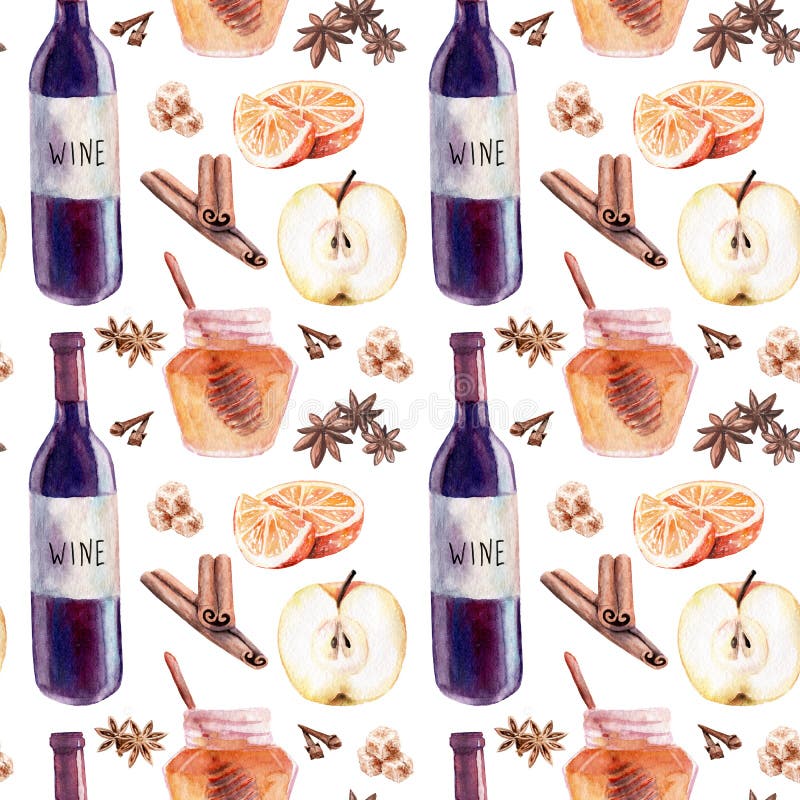 Watercolor Drawing. Composition of Mulled Wine, Pattern Stock ...