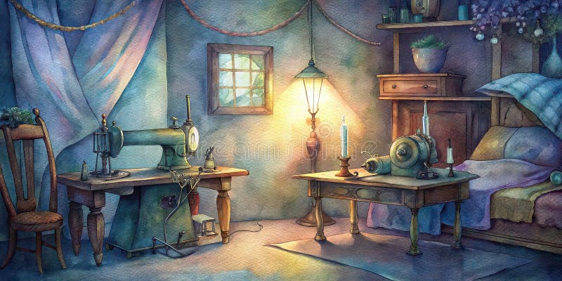 Watercolor Drawing of a Cozy Sewing Workshop with Antique Decor and ...