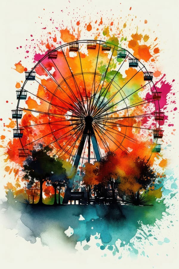 Watercolor Drawing of a Fair Wheel. Generative AI. Stock Illustration ...