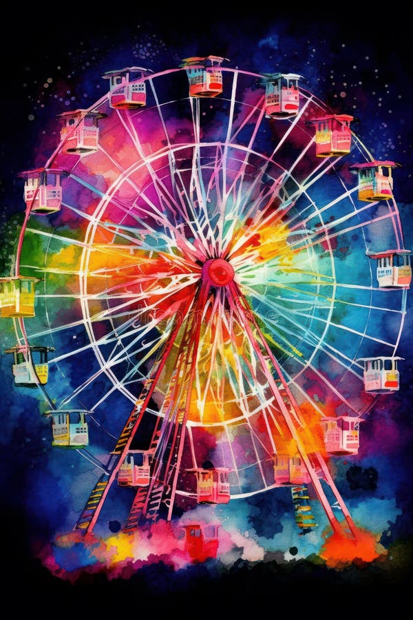 Watercolor Drawing of a Fair Wheel. Stock Illustration - Illustration ...