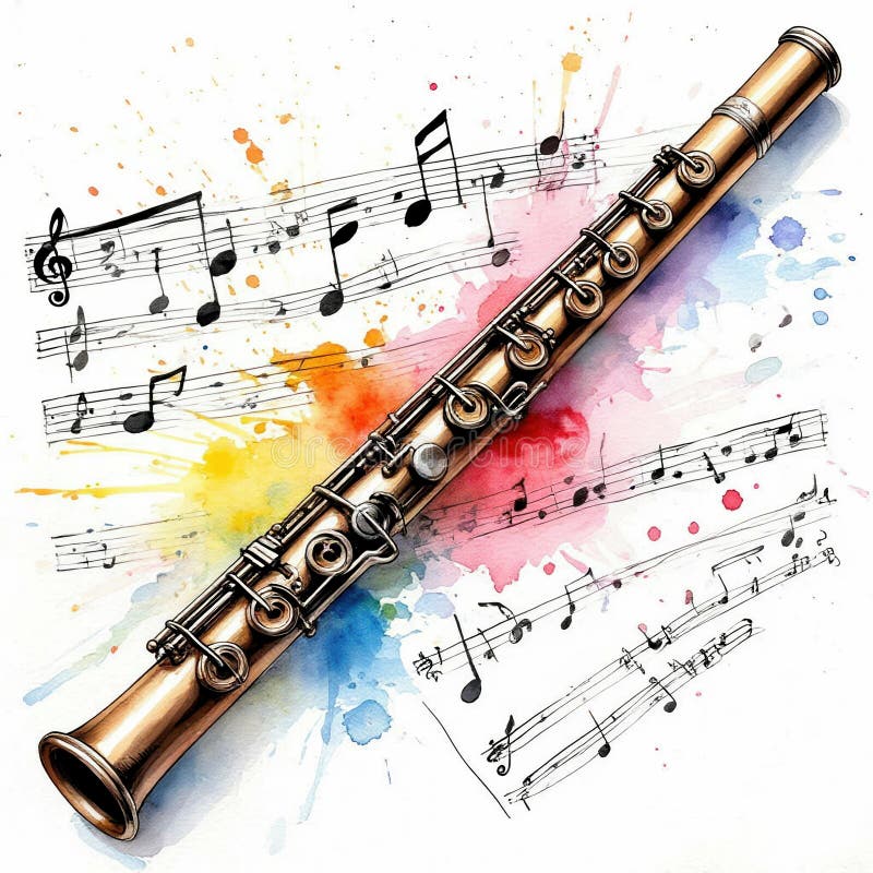 Watercolor Drawing of a Flute on a Background of Notes. Stock ...